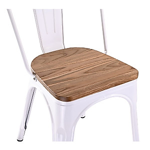 Metal Dining Chairs with Wood Seat Set of 4 White Stackable Industrial Metal Restaurant/Bistro/Cafe/Trattoria/Bar Side Chairs