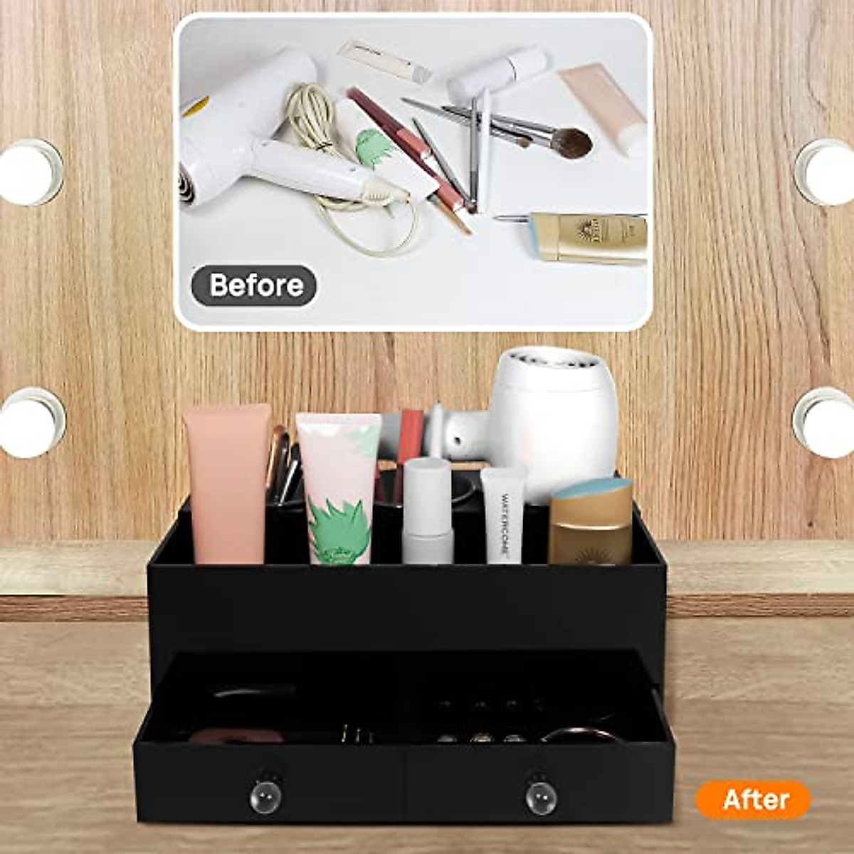 Keep-IT-Sleek Hair Tool Organizer with 2 Drawers & a Silicone Mat, Black Acrylic Blow Dryer Holder for Bathroom, Countertop, & Vanity with 3 Heatproof Steel Cups