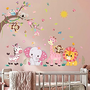 Amimagen Pink Forest Baby Animals Wall Decals - Elephant Lion Giraffe Monkey Zebra Wall Stickers - Nursery Kids Girls Boys Room Daycare Playroom Classroom Wall Decor