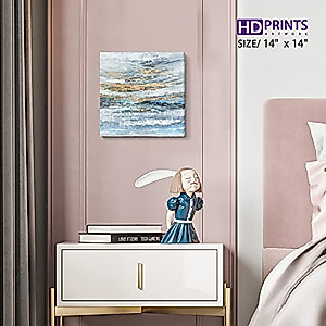 Bathroom Wall Art Abstract Canvas Art Print Framed Modern Blue Ocean Picture Small Coastal Sunset & Sunrise Artwork for Sea Lake Themed Home Bedroom Décor 14x14inch