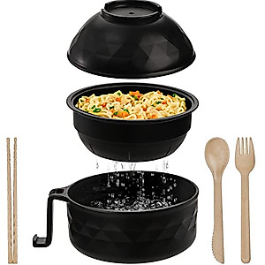 Okllen 2 Pack Microwave Ramen Cooker Bowl, Ramen Bowl with Lid Chopsticks Fork Spoon, Wheat Straw Instant Noodle Bowl for College Dorm Room Apartment, Essentials for Girls, Boys, Black and Beige