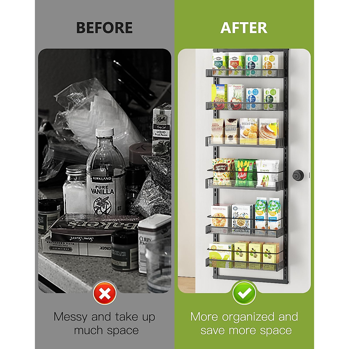 POKIPO 6-Tier Over the Door Pantry Organizer, 2 in 1 Large Door Spice Rack with Adjustable Metal Baskets, Heavy Duty Hanging or Wall Mounted Storage Organizer for Kitchen Pantry and Room Wall