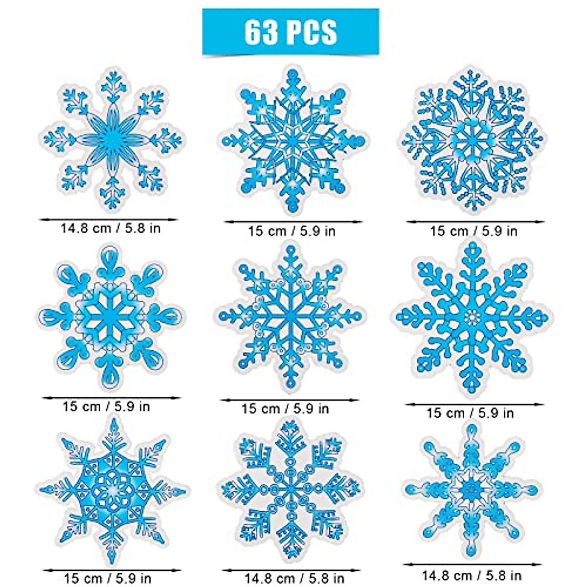 63pcs Winter Christmas Snowflake Cutouts Paper, 5.9x5.9 Inches Winter Paper Cutouts with Glue Points Snowflake Cutouts for Bulletin Board Classroom School Winter Christmas Party Decoration (Blue)
