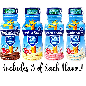 Niro Assortment | PediaSure Immune Support Shake 12 Pack | 3 Bottle Of Each Flavor Strawberry, Banana, Vanilla, and Chocolate Flavors| Protein Shake For Kids | 12 Pack | Niro Beverage Sleeve Included