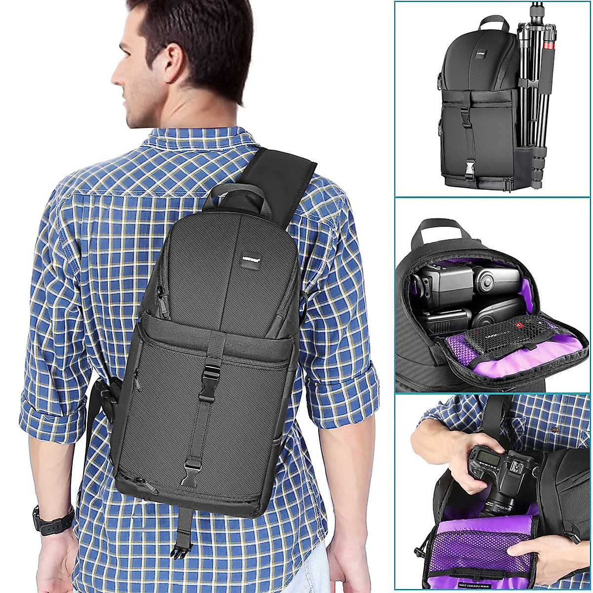 Neewer Professional Camera Storage Bag Sling Carrying Case Black Waterproof and Tear Resistant for DSLR Camera, Lens and Accessories (Purple Interior)