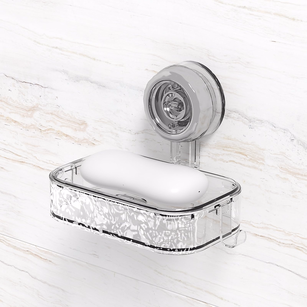 KatiKaddy Suction Soap Dish, Detachable Drip Tray & Removable Hooks, Soap Dish for Shower No Drilling Plastic Soap Dish Reusable Shower Soap Dish for Bathroom, Kitchen Living Room Clear, Transparent