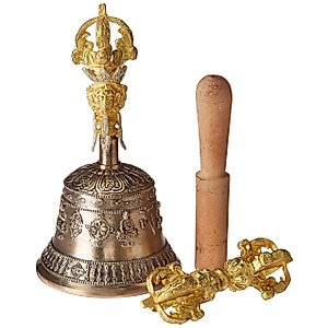 Singing Bowl Nepal Tibetan Buddhist Meditation Bell And Dorje Set - Dharma Objects Bell Of Enlightenment From Nepal 7 Inches