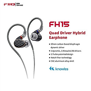 FiiO FH15 1DD 3 Knowles BA Hybrid Technology in-Ear Wired Earphone with 3.5mm/4.4mm MMCX Cable(Black)