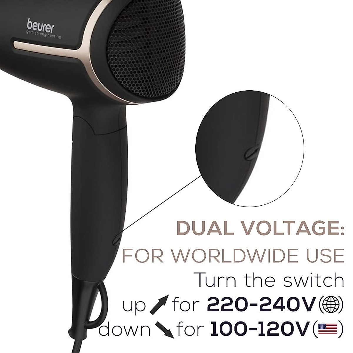 Beurer HC25 Travel Hair Dryer for with Voltage Switch, Powerful Blow Dryrer with Ion Function, 1600W, Anti Frizz, Foldable & Lightweight Styler, Nozzle Attachment