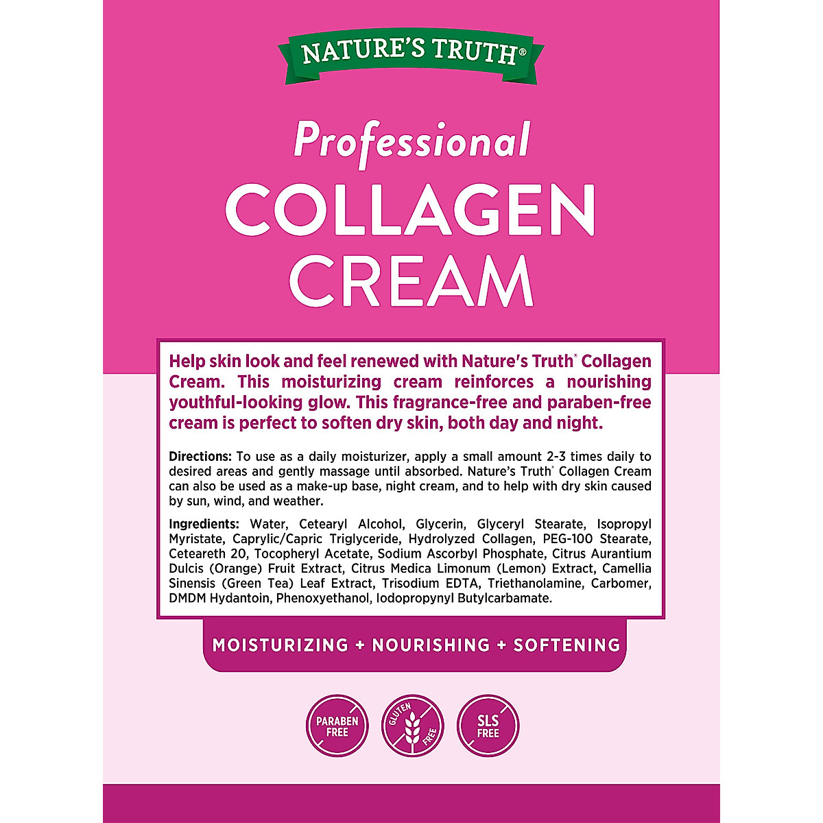 Collagen Cream | 4 oz | Professional Strength | Paraben & SLS Free, Gluten Free | For Face and Body | by Nature's Truth