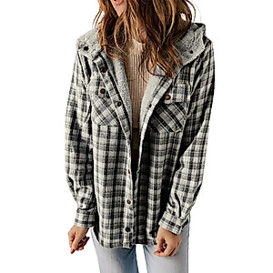 Dokotoo Womens Winter Plaid Jackets for Women Fashion Fall Button Down Long Sleeve Sherpa Shacket Jacket Women Fleece Hooded Coats Outerwear Oversized Flannel Shirts for Women with Pockets Black M