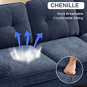 EASELAND 83" Chenille L Shape Couch, Convertible Modern Sofa for Living Room, 3-Seat Comfy Sofa Sectional with L/R Reversible Chaise, Deep Seat Sofa with Fluffy Armrests (Navy)