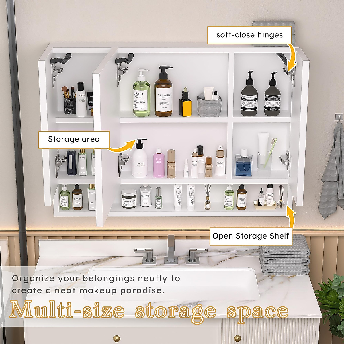 Leavader Aluminum Bathroom Medicine Cabinet with Mirrors and LED Lights, Three-Door Storage Cabinet Bathroom Wall Cabinet with Mirrored Door (39 x 28 inch)