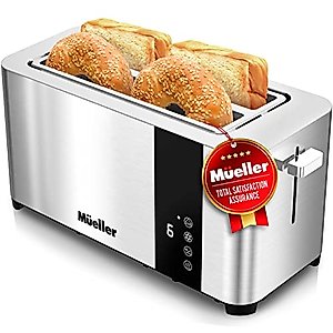 Mueller UltraToast Full Stainless Steel Toaster 4 Slice, Long Extra-Wide Slots with Removable Tray, Cancel/Defrost/Reheat Functions, 6 Browning Levels with LED Display