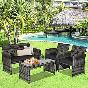 Goplus 4-Piece Rattan Patio Furniture Set, Outdoor Wicker Conversation Sofa with Weather Resistant Cushions and Tempered Glass Tabletop for Lawn Backyard Pool Garden (Black)