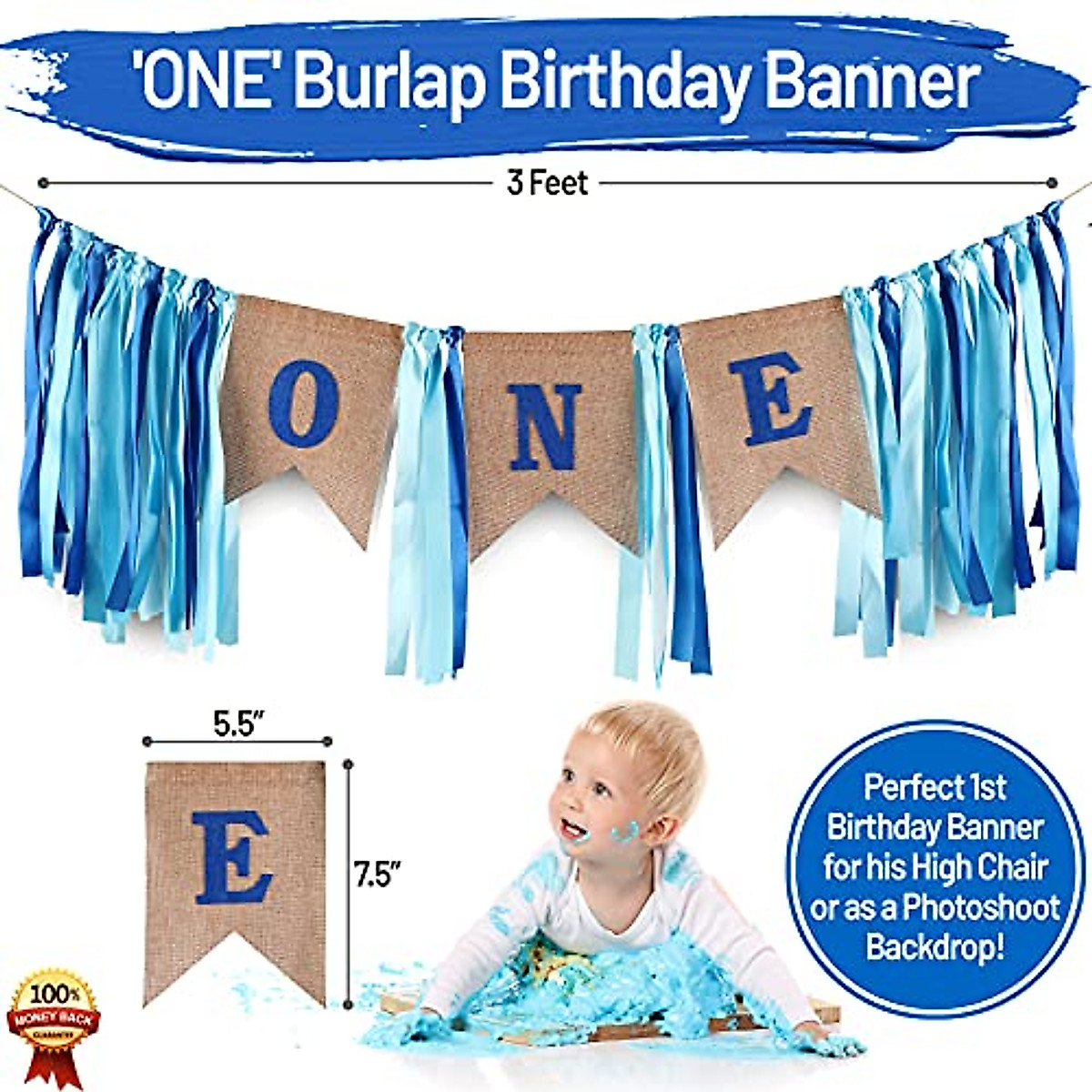Baby Boy 1st Birthday Decorations With Birthday Crown - First Birthday Boy Decorations - Cake Smash Party Supplies - Happy Birthday and HighChair One Burlap Banner, Number One Balloon, Cake Topper.