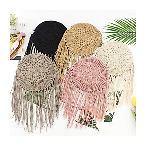 QTKJ Boho Long Cotton Tassels Crochet Flower Mini Crossbody Bag Handwoven Summer Beach Round Shoulder Bag with Zipper (Navy Blue)