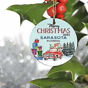 Merry Christmas Ornament With Custom Name City Sarasota Florida FL State - Red Truck Ornaments For Christmas Tree 2022 - Keepsake Gift Ideas Ornament 3" Circle Flat