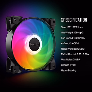 Zezzio 3PCS LED Cooling Fans for PC Case 120mm 3PIN/4PIN CPU Coolers Radiators(3pcs LED Color