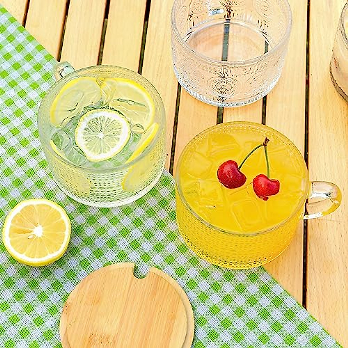 Qmioti Vintage Glass Coffee Mugs 4 Pack, 14 oz Glass Coffee Tea Cups with Lid and Golden Spoons, Clear Embossed Glass Cup Sets for Latte, Cereal, Cappuccino, Yogurt, Milk, Beverages and Cute Gifts