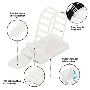 Adhesive Cable Management Clips, 50Pcs Adjustable Nylon Cable Strap Ties Wire Clips Clamps Organizer with Strong Adhesive Tape, Extra Screw & Hole for Strong Fixation Home Office - 3.35 Inch White