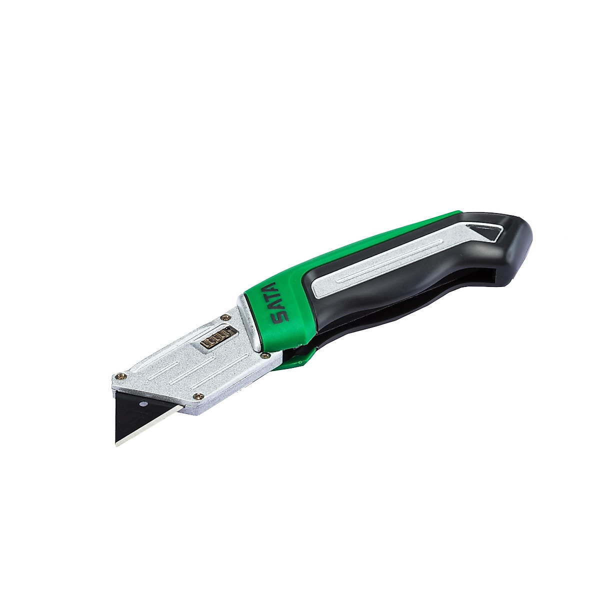 SATA T-Series Folding Utility Knife with Easy-Access Blade Storage in the Body and a Green Dual Material Handle - ST93486