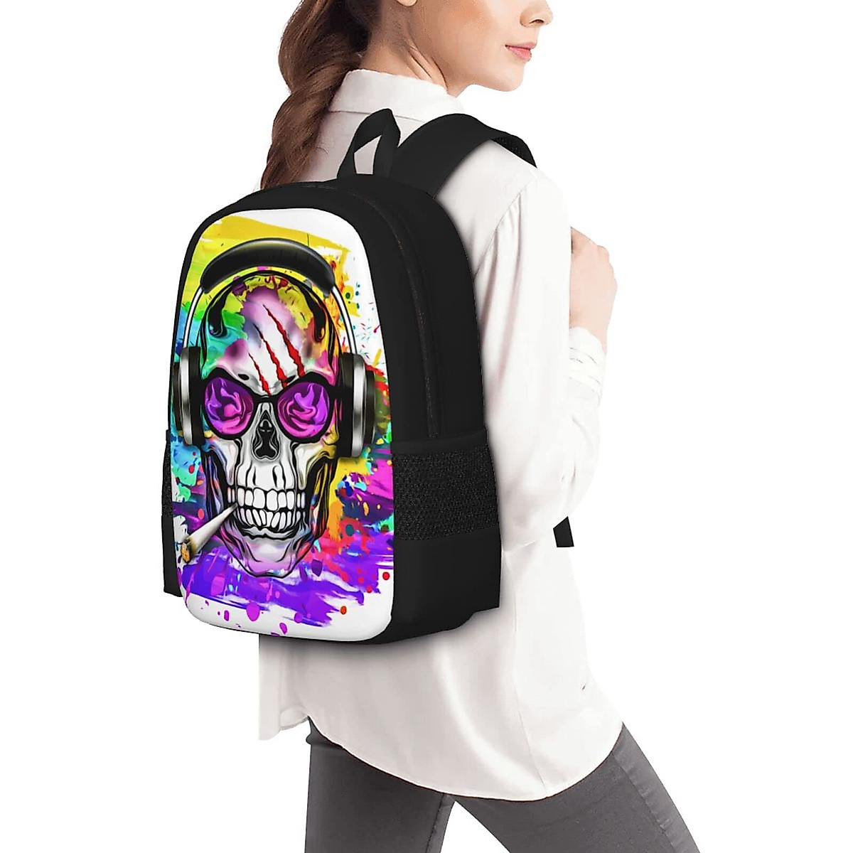 Sdfsdby Colorful Skull with Headphones Laptop Backpack Water Resistant School Computer Backpack College Fashion Casual Dayback Business Backpack for Teens Adults Boys Girls…