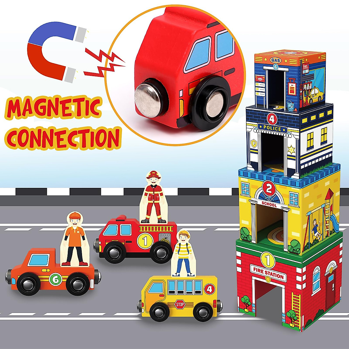 Atoylink Toddler Sorting and Stacking Toys with Magnetic Wooden Cars & Community Helpers, Baby Number Blocks Nesting Boxes Preschool Learning Montessori Toys for 1 2 3 Year Old Boys Girls Gift