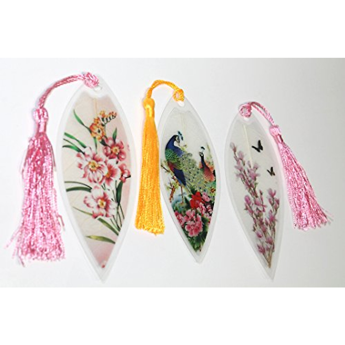 Lucore Home Leaf Bookmarks - Peacocks and Pink Flowers Asian Painting Lucky Charm, Ornament, Hanging & Wall Decor, Art Decoration - 3 Pcs, Made of Real Leaves