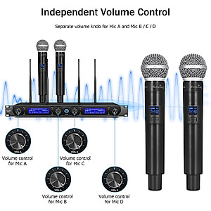 MicrocKing Wireless Microphone System, with 4 Handheld Mics, Metal Build, Fixed Frequency, Long Range 400ft, Ideal for Party/Wedding/Church/Conference/Speech