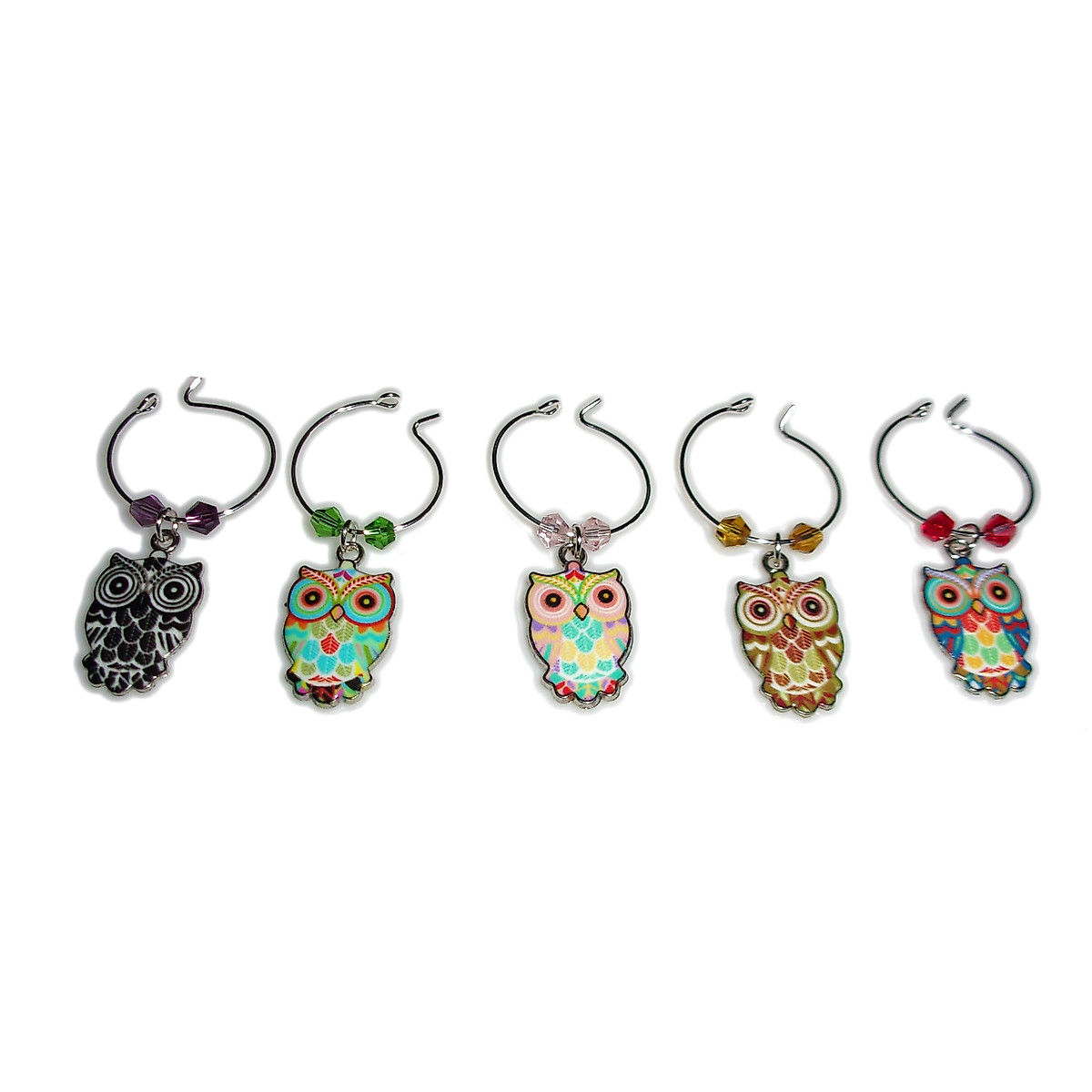 Wine Charms ~ Multi Color Owl Wine Charms Set of 5 Style 1