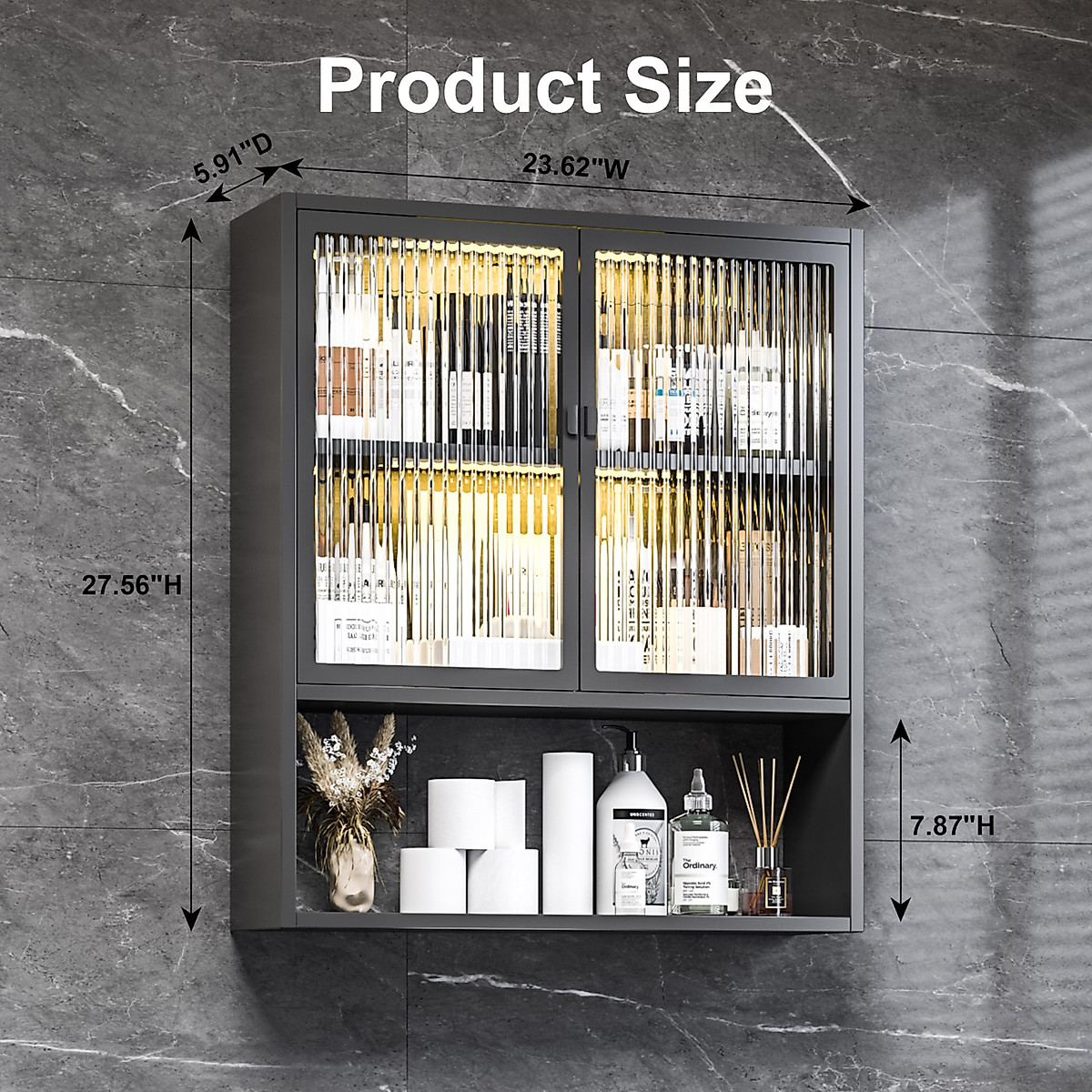 OSEILLC Bathroom Cabinet Wall Mounted, Metal Bathroom Wall Cabinet with Glass Doors and Lights, Black Bathroom Storage Cabinet, Over The Toilet Cabinet, Bathroom Medicine Cabinets