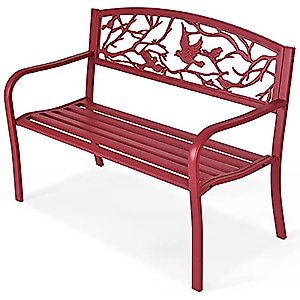 Tangkula Outdoor Garden Bench Park Bench, Patio Red Bird Bench Loveseat W/Backrest & Armrests, Heavy-Duty Steel Frame, Outdoor Furniture Bench Chair for Garden Courtyard Lawn Porch