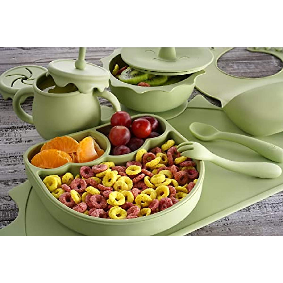 Baby Pastels - Baby Feeding Set - Baby Led Weaning Supplies - Silicone Suction Utensils/Cutlery/Dishes/Dinnerware for 6-36 months - Bowl, Plate, Spoon Fork, Bib, Placemat, Cup 11 Pieces (Pastel Green)