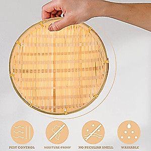 DOITOOL Round Serving Tray Bamboo Woven Round Basket Tray Wood Decorative Serving Tray for Breakfast Drinks Snack Coffee Table Decor Wall Hanging Home Decoration Round Wicker Tray