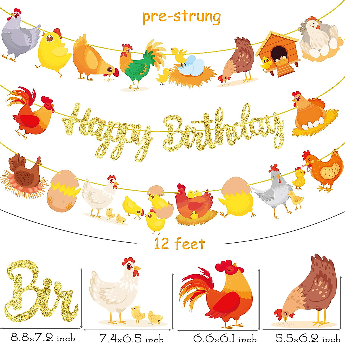 Chicken Birthday Banners 3PCS Chicken Birthday Party Decorations Glitter Gold Chicken Farm Birthday Party Supplies for Chick Backyard Theme Baby Shower Decorations