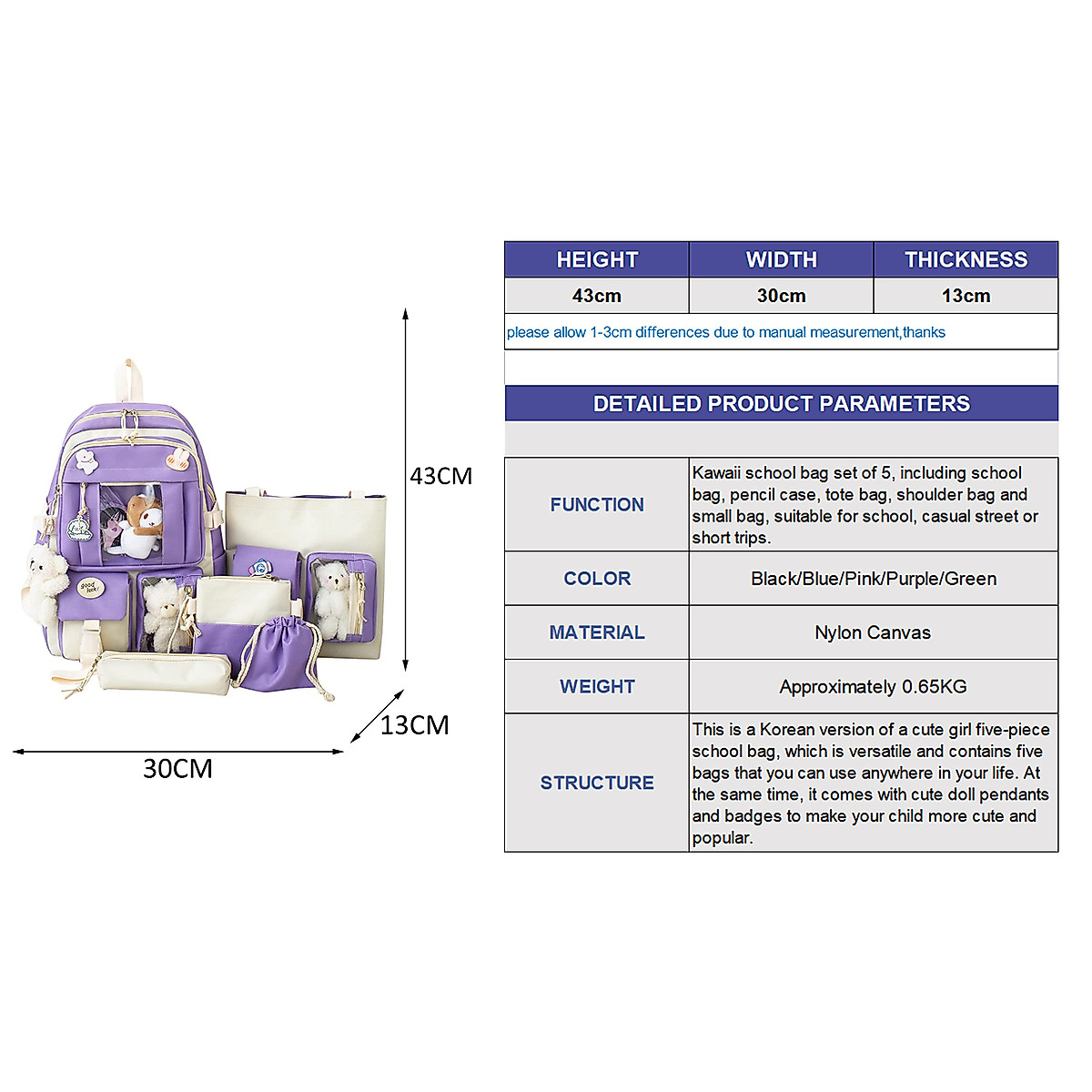 DACHAIHU Kawaii Backpack 5Pcs Set Aesthetic School Bags 17in Cute Bookbag with Badge&Pendant,Shoulder Bag,Pencil Box,Tote Bag,Small Bag Purple