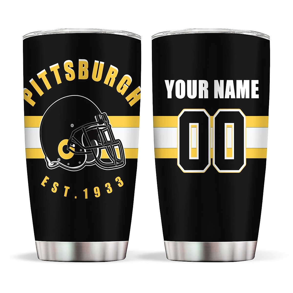 Custom Pittsburgh Tumbler 20oz Stainless Steel with Lid & Straw Personalized Football Fans Gifts for Women Men Coffee Travel Mug Cup Add Name Number