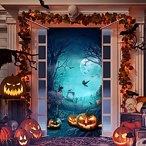 Halloween Door Decorations, Large Fabric Horror Moon Night Dead Tree Scary Cemetery Pumpkins Door Cover Halloween Front Door Porch Backdrop for Halloween Party Supplies, 70.87 x 35.43 Inch
