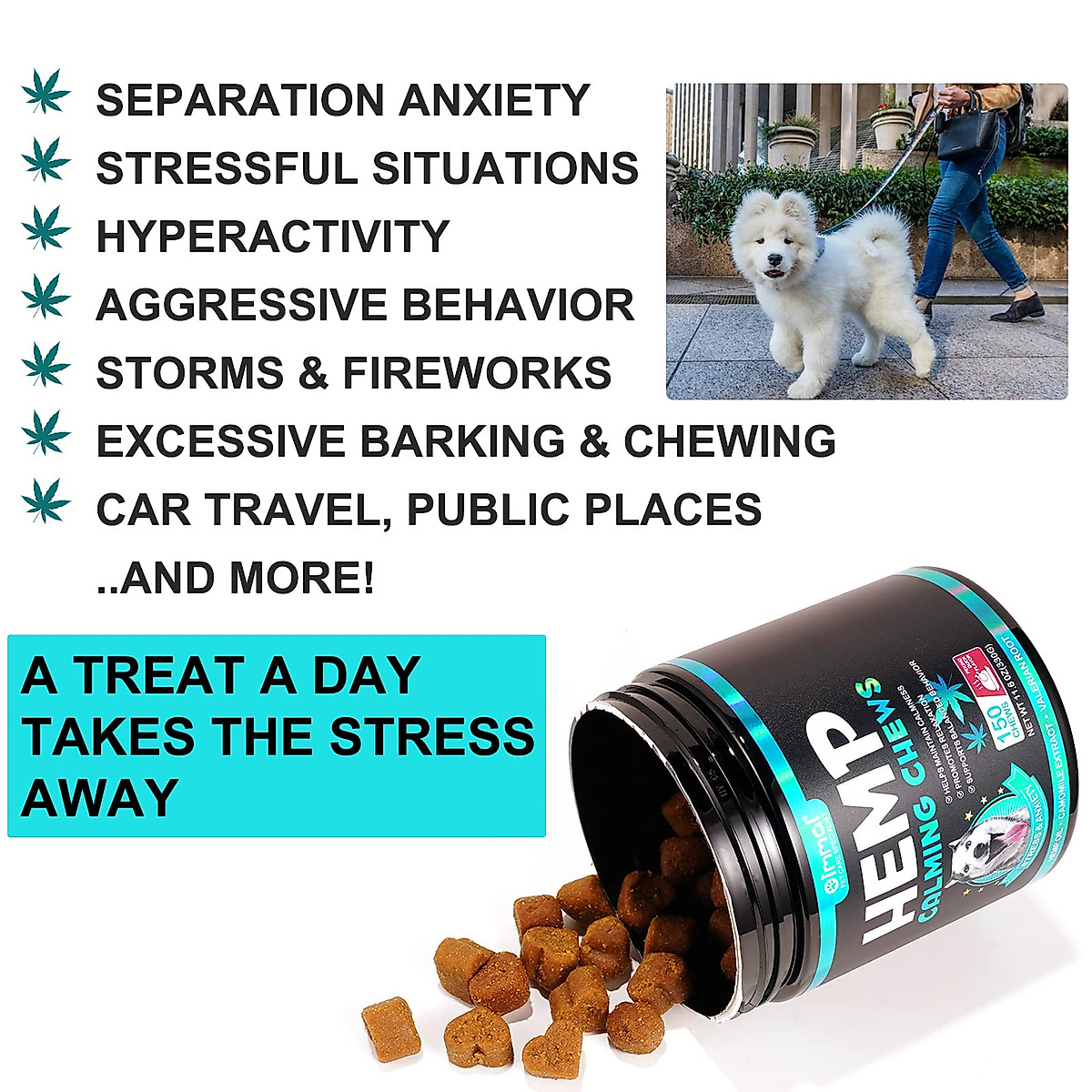 Frovetani Hemp Calming Chews for Dogs with Anxiety and Stress - 150 Soft Dog Calming Treats - Storms, Barking, Separation - Valerian Root - Melatonin, Dog Anxiety Relief (Duck, 150 Chews)