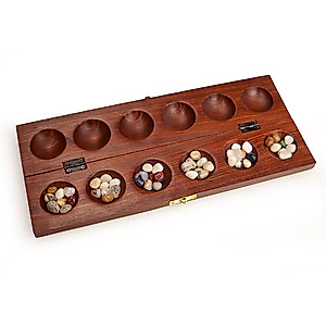 Sterling Games Wooden Mancala Board Game Cherry Finish with Real Stones 13” Wood Game Board