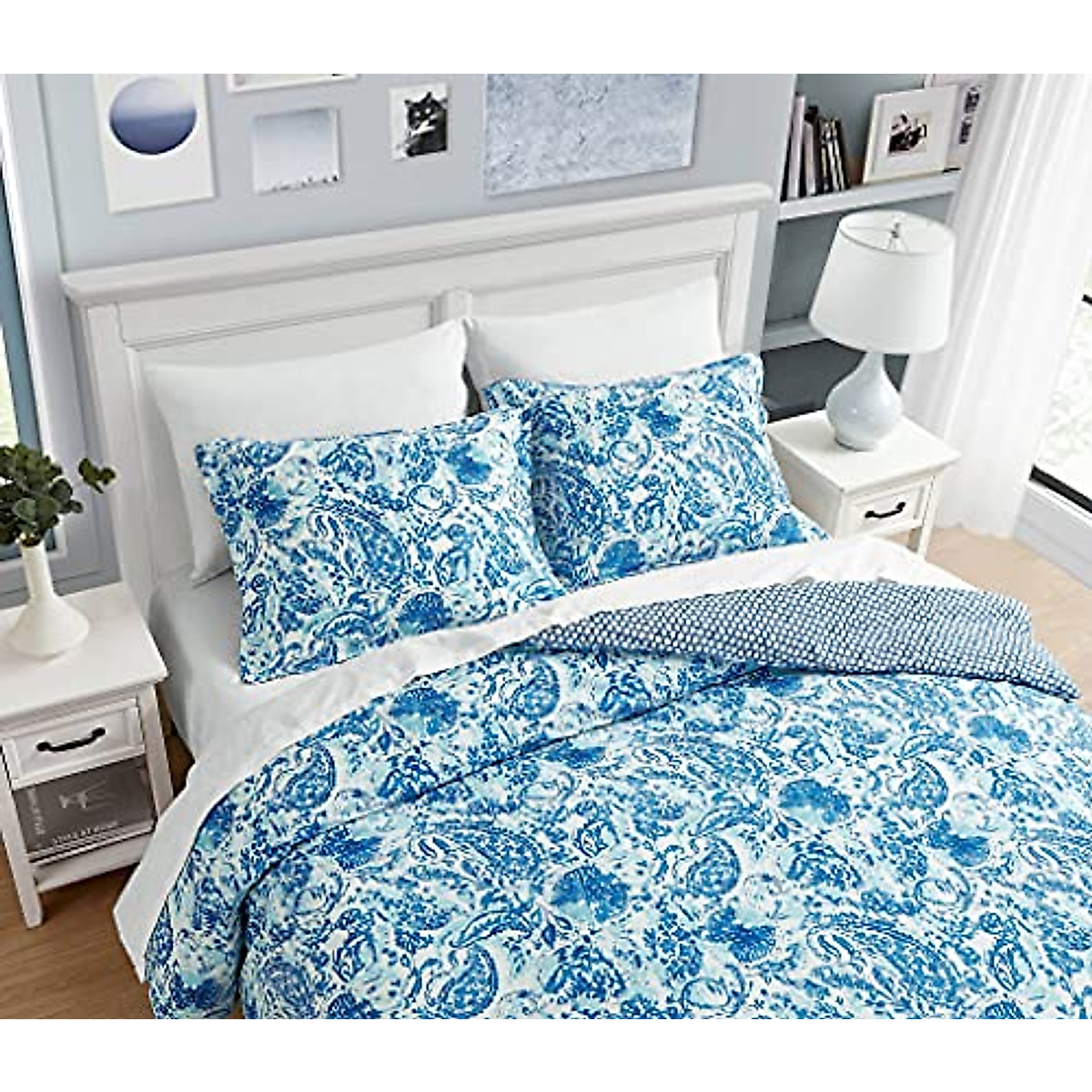 Poppy & Fritz - King Comforter Set, Reversible Cotton Bedding with Matching Shams, Medium Weight for All Seasons (Brooke Blue, King)