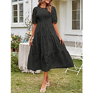 MEROKEETY Women's 2025 Summer Puff Sleeve Smocked Floral Dress Crewneck Lace Flowy Tiered Midi Dresses,Black,M