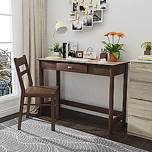 Tangkula Study Desk & Chair Set, Kids Learning Table with Drawer, Ergonomic Chair with Inclined Backrest, Students Computer Workstation with Solid Rubber Wood Feet, Teen Desk & Chair Set