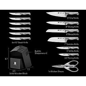 WIZEKA Kitchen Knife Set with Block, Dishwasher Safe 15 Pcs Professional Chef Knife Set with Knife Sharpener, Food Grade German Stainless Steel Knife Block Set, Jaguar Series