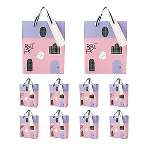 Cheerland 10pcs Halloween Party Favor Paper Bags Pastel Pink Purple Hunted House Halloween Bags Trick or Treat Bag for Spooky Theme Birthday Cosplay Halloween Goodie Bags Party Supplies