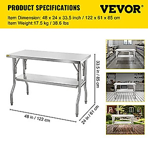 VEVOR Commercial Worktable Workstation 48 x 24 Inch Folding Commercial Prep Table, Heavy-duty Stainless Steel Folding Table with 772 lbs Load, Kitchen Work Table, Silver Stainless Steel Kitchen Island