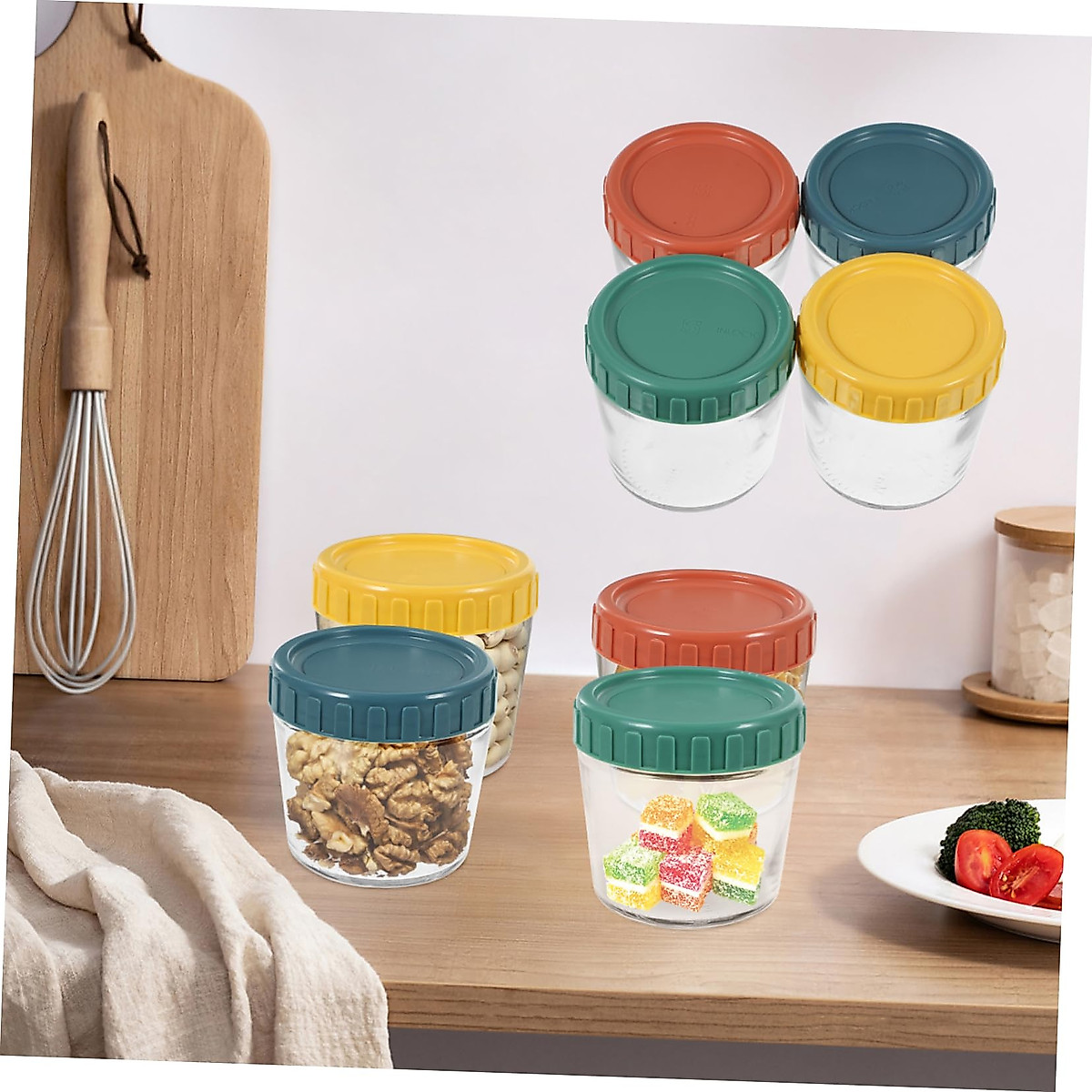 KICHOUSE 4Pcs Leakproof Glass Food Storage Containers with Lids Reusable Yogurt Cups Airtight Glass Jars for Snacks Meal Prep and Kitchen Organization