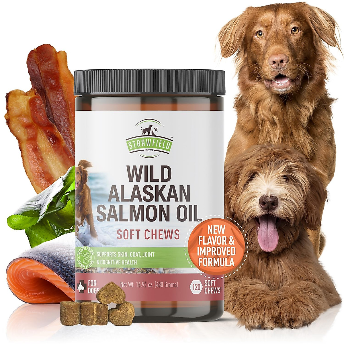 Strawfield Pets Salmon Dog Chews Omega 3 Fish Oil Chews with Wild Alaskan Salmon Oil Skin & Coat + Seasonal Allergy Support Hip & Joint Dog Supplement + EPA & DHA Made in USA