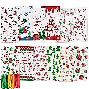 Colorbib 216pcs Christmas Cellophane Treat Bags with 220pcs Twist Ties, Christmas Candy Bags Penguin and Snowman 12 Assorted Pattern Snack Goodie Bags for Christmas Party Supplies